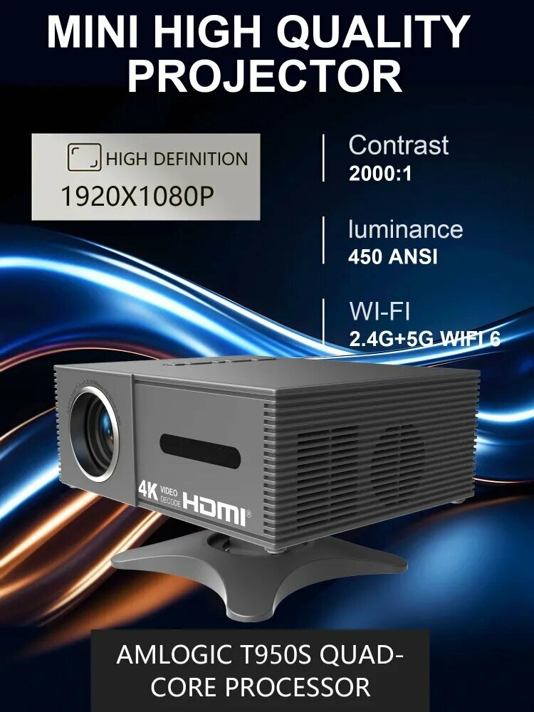 Проектор JY535 высококлассная новинка 2026 450 ANSI люмен Full HD 1080P Android 13 Автотрапеция Wi-Fi 6