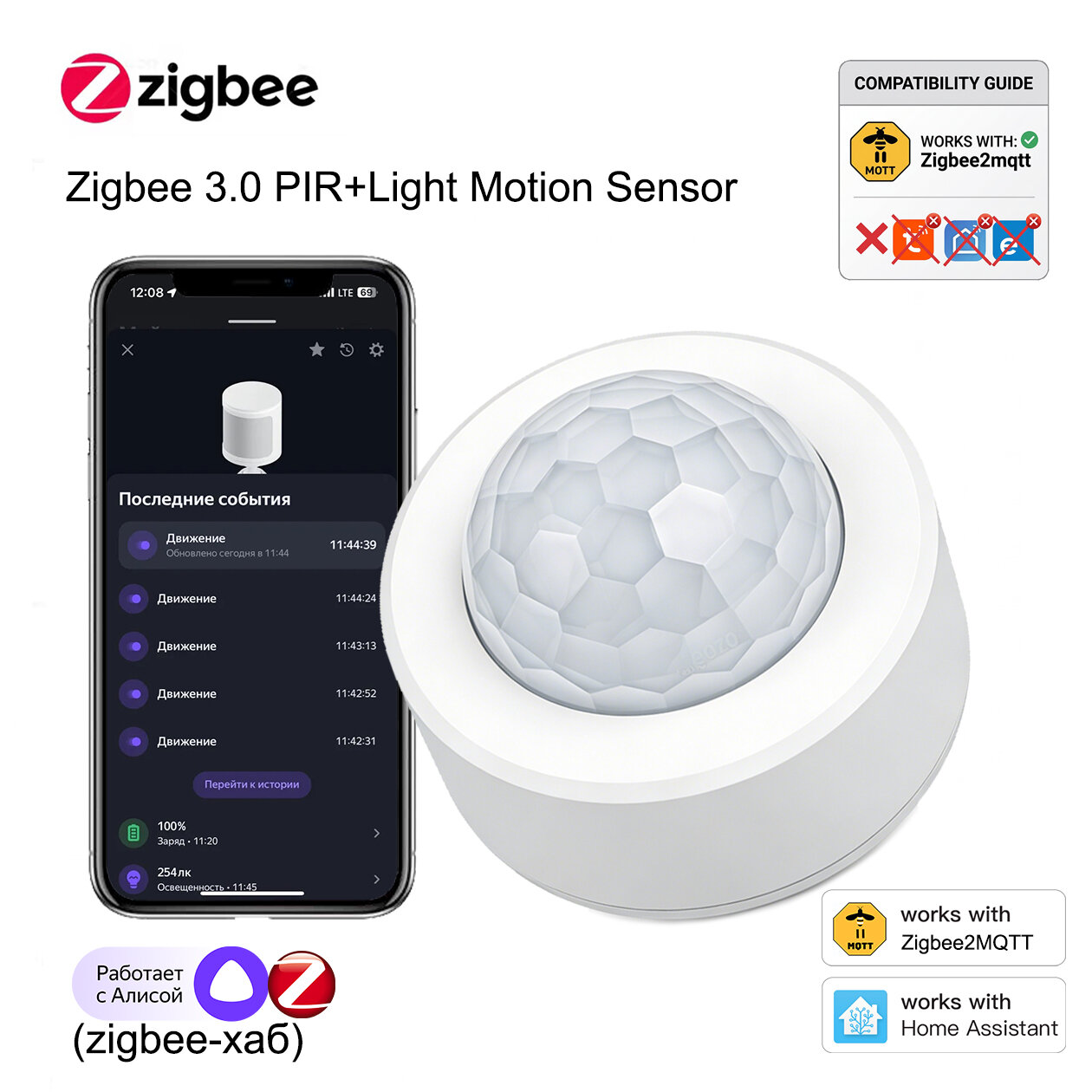 Умный датчик движения и освещенности Zigbee с Алисой, zigbee2mqtt