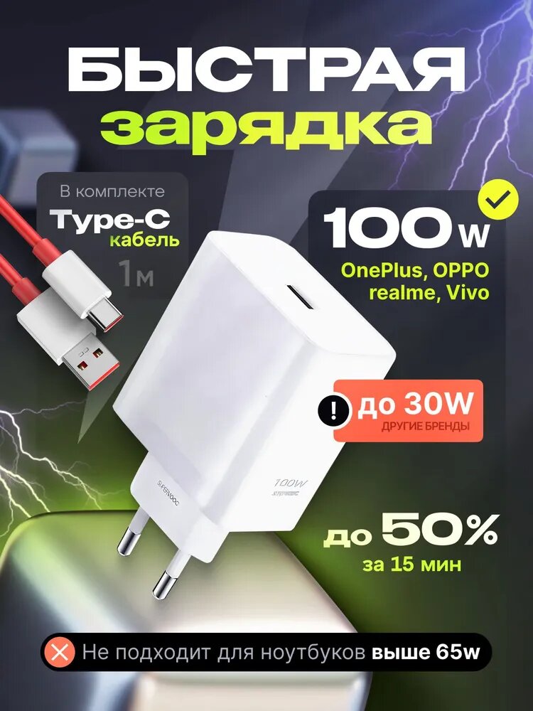 Сетевое зарядное устройство USB SuperVOOC 100W + кабель Type-C для OnePlus / OPPO / Realme / Vivo – белое