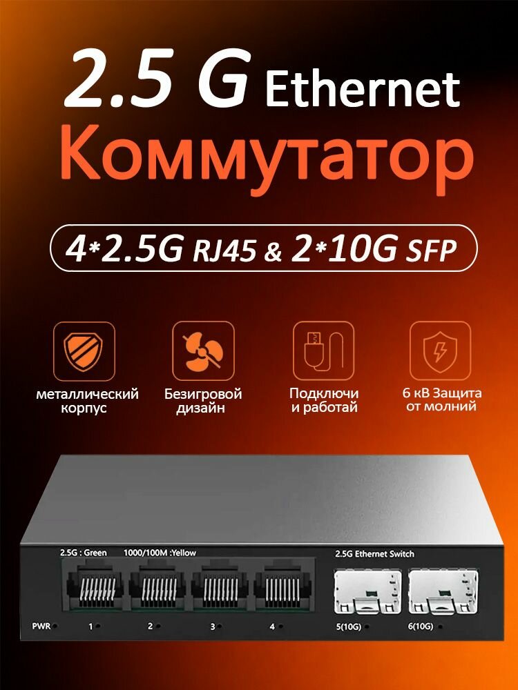 Коммутатор сетевой 6 портов, 2500 Мбит/с, 4x2.5G RJ45 & 2x10G SFP, Ethernet Switch