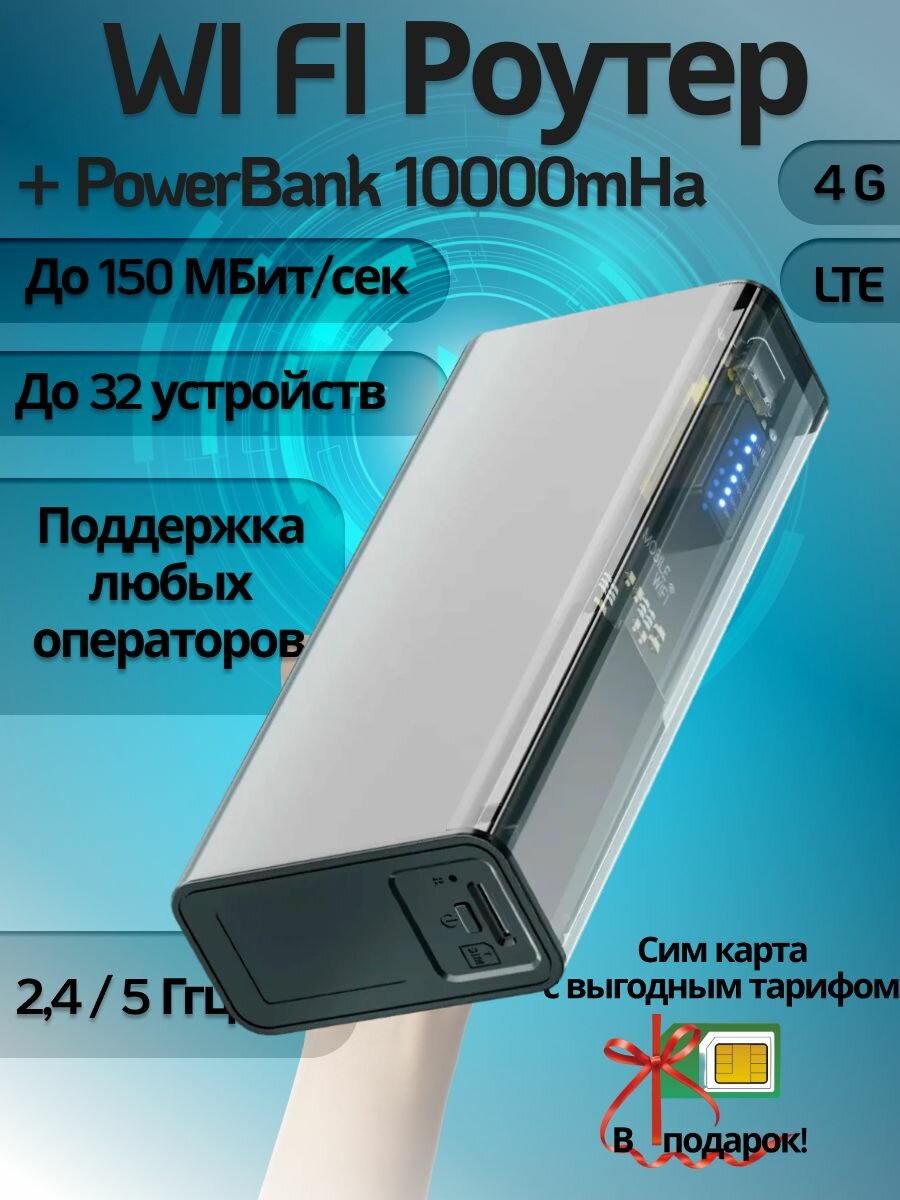 Роутер WiFi с сим картой, карманный роутер wi-fi, модем 4g беспроводной, PowerBank,10000mAh