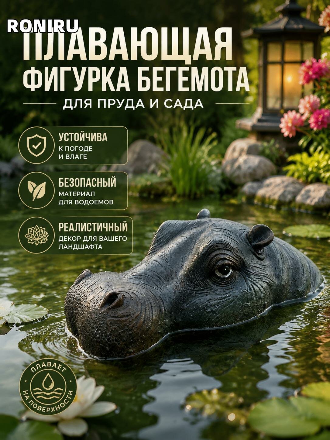Плавающая фигурка бегемота для украшения пруда и сада — реалистичный декор для водоемов и ландшафтного дизайна.