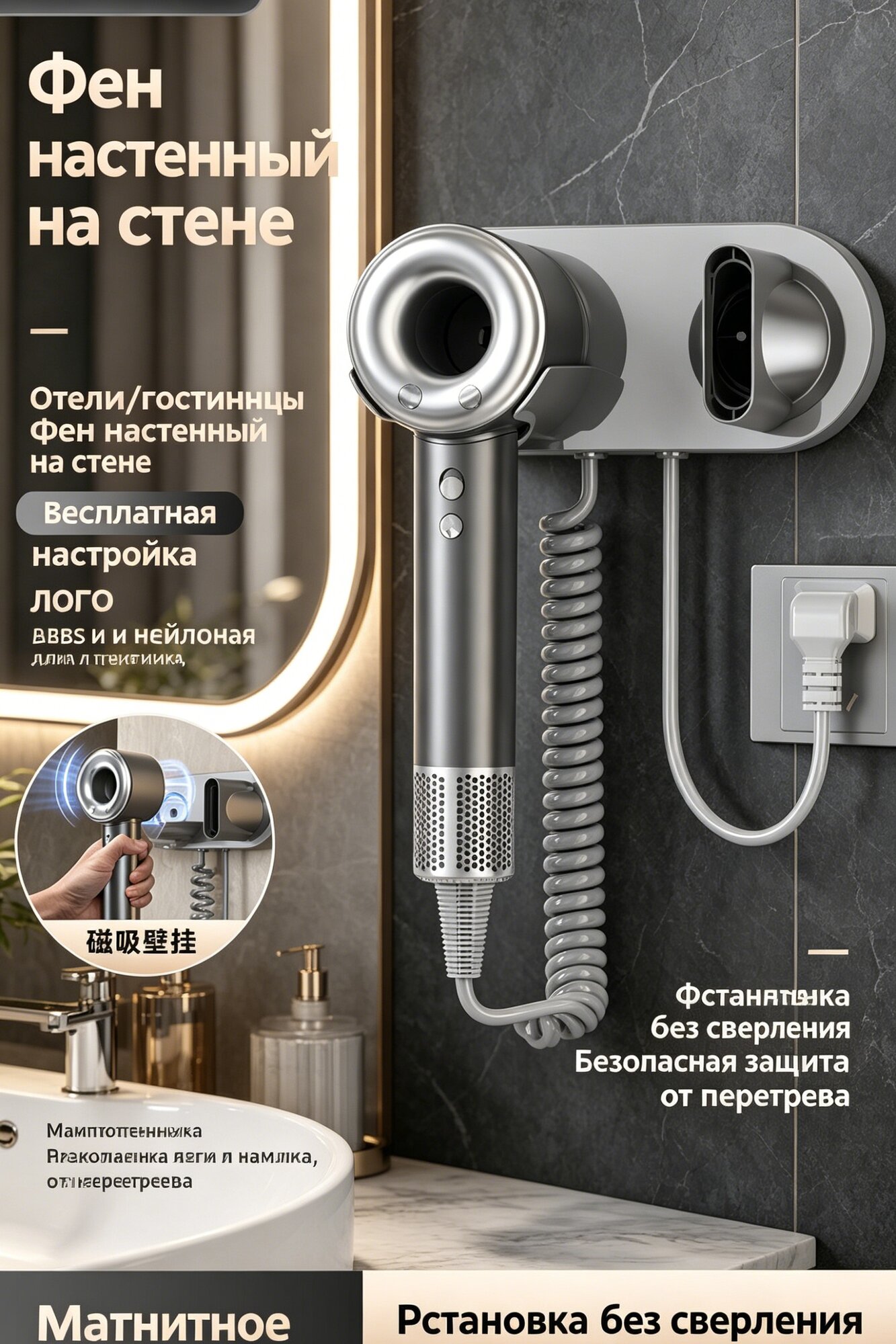 Фен настенный без сверления из пластика ABS и нейлона, для отелей, гостиниц, дома, цвет космический серый