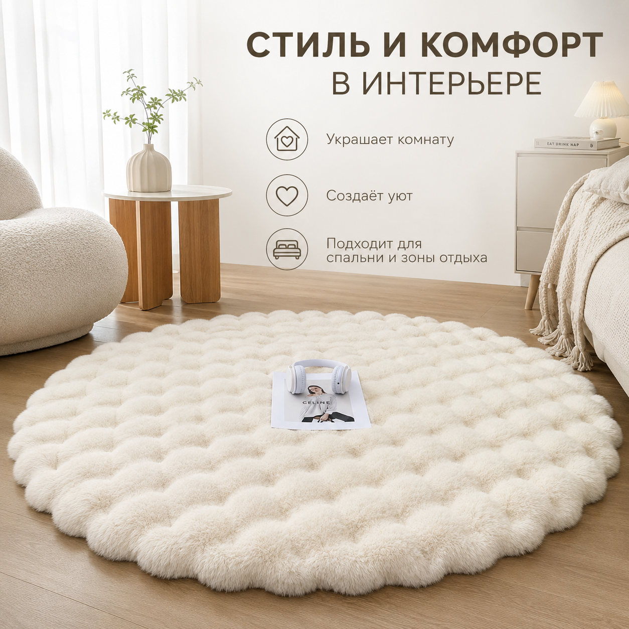 Круглый мягкий коврик с пушистой фактурой пузырьков, кремовый для спальни и детской, противоскользящая основа 90 см — фото 1