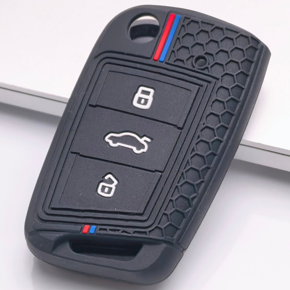 Силиконовый чехол для ключа для Volkswagen Golf 7 MK7, Tiguan MK2, Skoda Octavia A7, Kodiaq, Karoq, Seat Leon 5F, Ateca, Ibiza 6J (3-кнопочный поворотный ключ) с противоскользящей текстурой и спортивными цветовыми акцентами, Стиль A