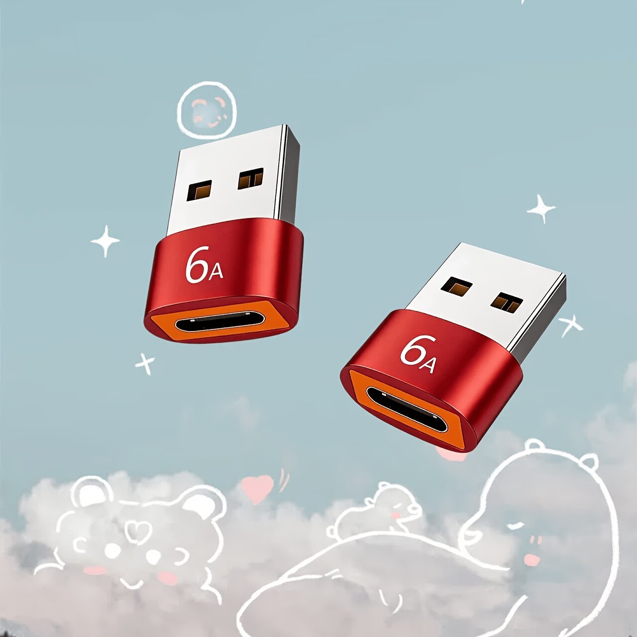 Набор 2 шт. адаптер Type-C на USB, 6A, поддержка зарядки и чтения флешек, подключение телефона к компьютеру, зарядка в автомобиле, Plug-and-Play, красный