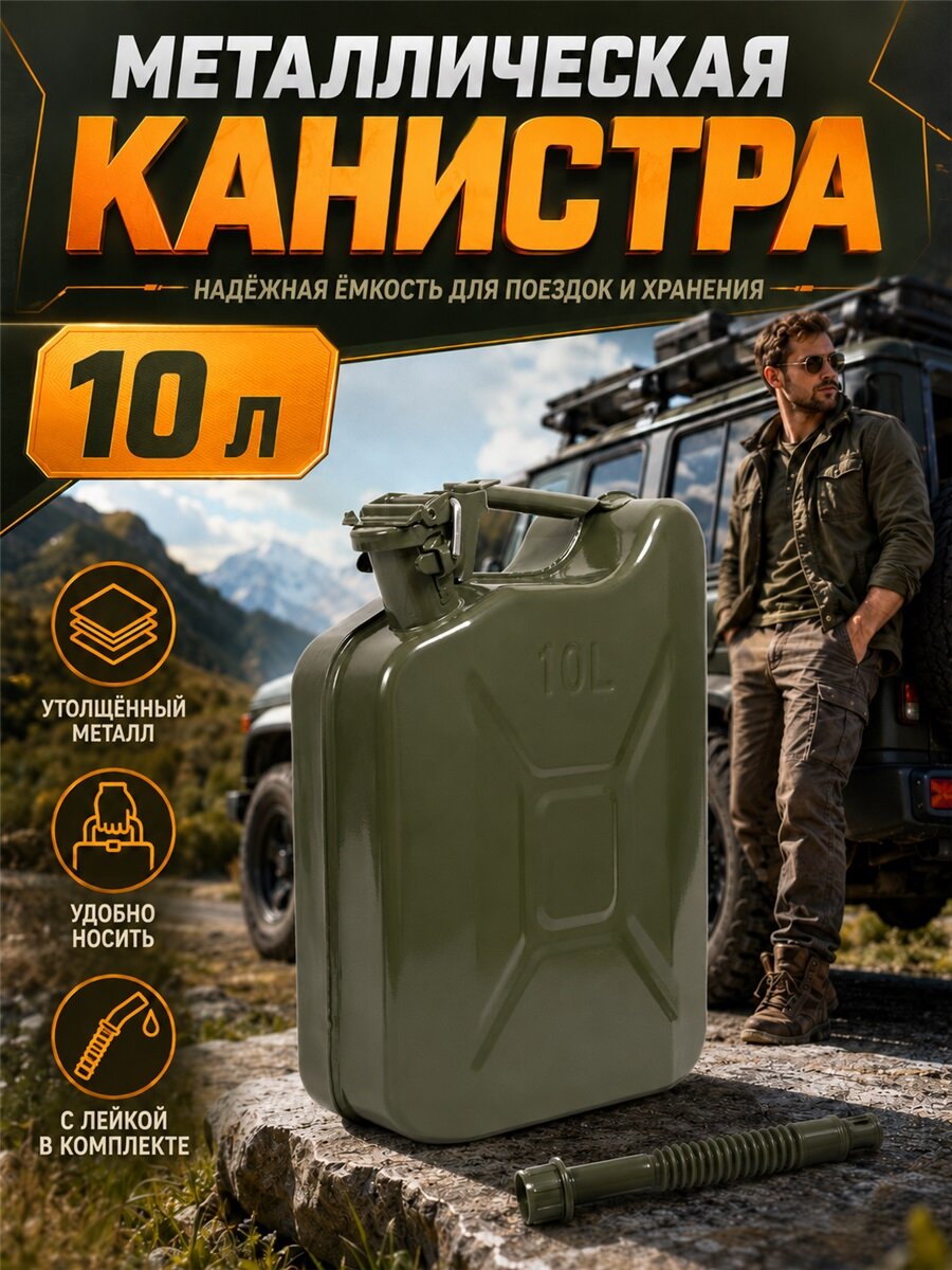 Металлическая канистра, толстые стенки, съемная лейка, прочная конструкция для хранения бензина, удобная для автомобилей и мотоциклов