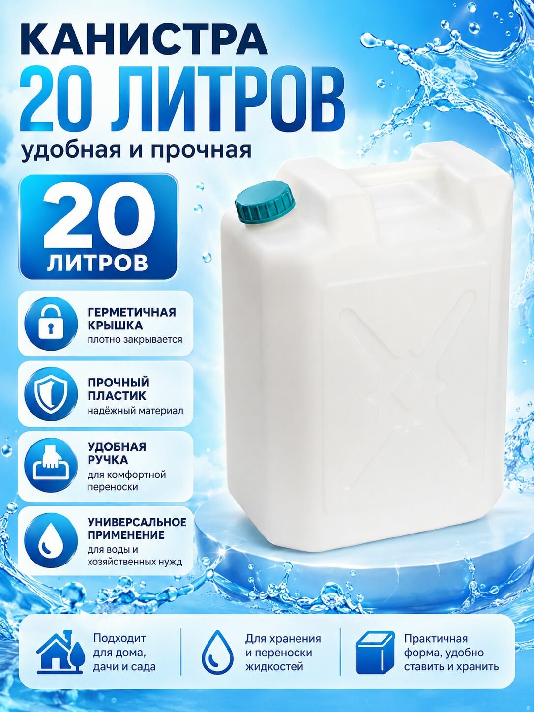 Канистра пластиковая 20 л для хранения и перевозки воды, для дома, дачи и поездок М040