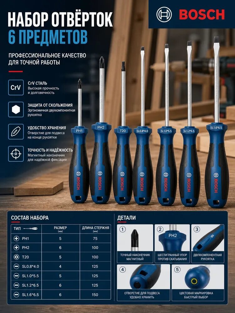 BOSCH 1600A039PJ Набор отверток 6 шт: шлицевые, крестовые и Torx, из стали CR-V, высокий крутящий момент