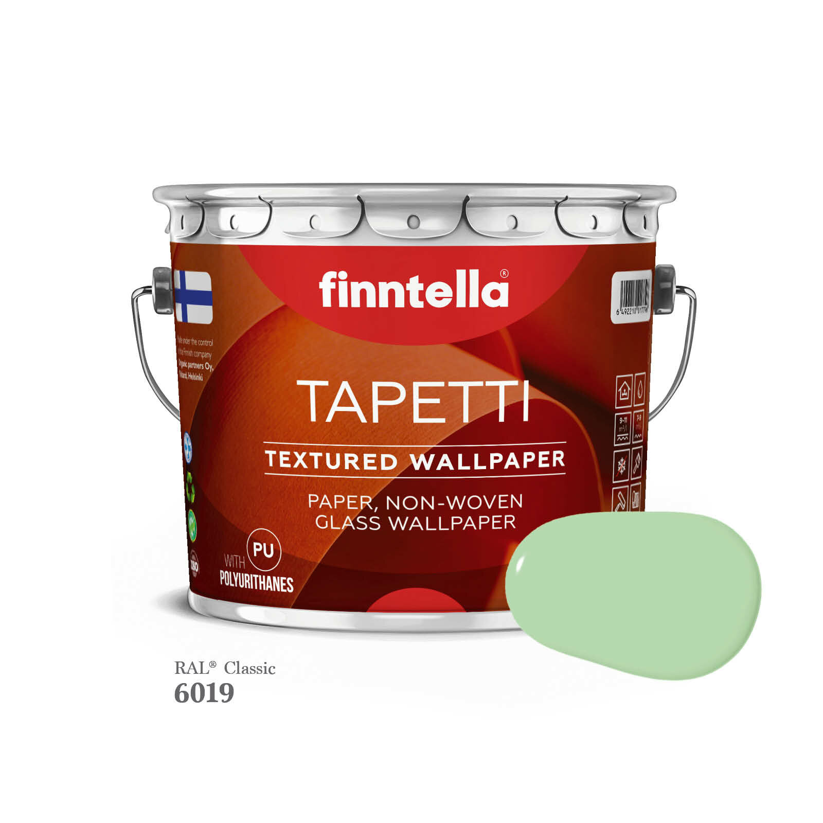 Шелковисто-матовая краска для обоев под окраску TAPETTI SILKKI Matta FINNTELLA, Цвет RAL 6019 Бело-зеленый (Pastel green), 2,7л