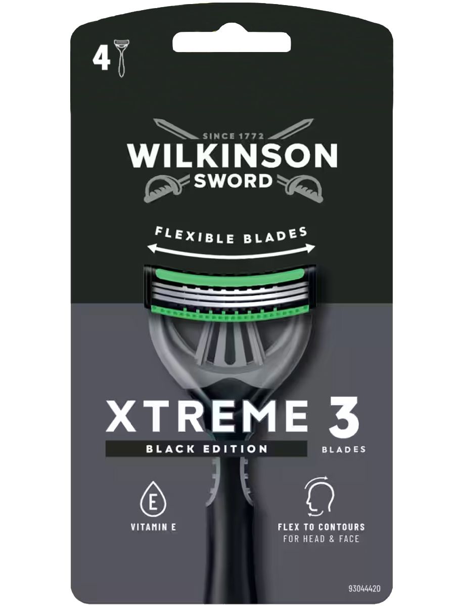 Wilkinson Sword Бритвы одноразовые Schick XTREME 3 Black Edition (4 станка), 3 лезвия, плав. головка, увл. полоска, прорезиненная ручка