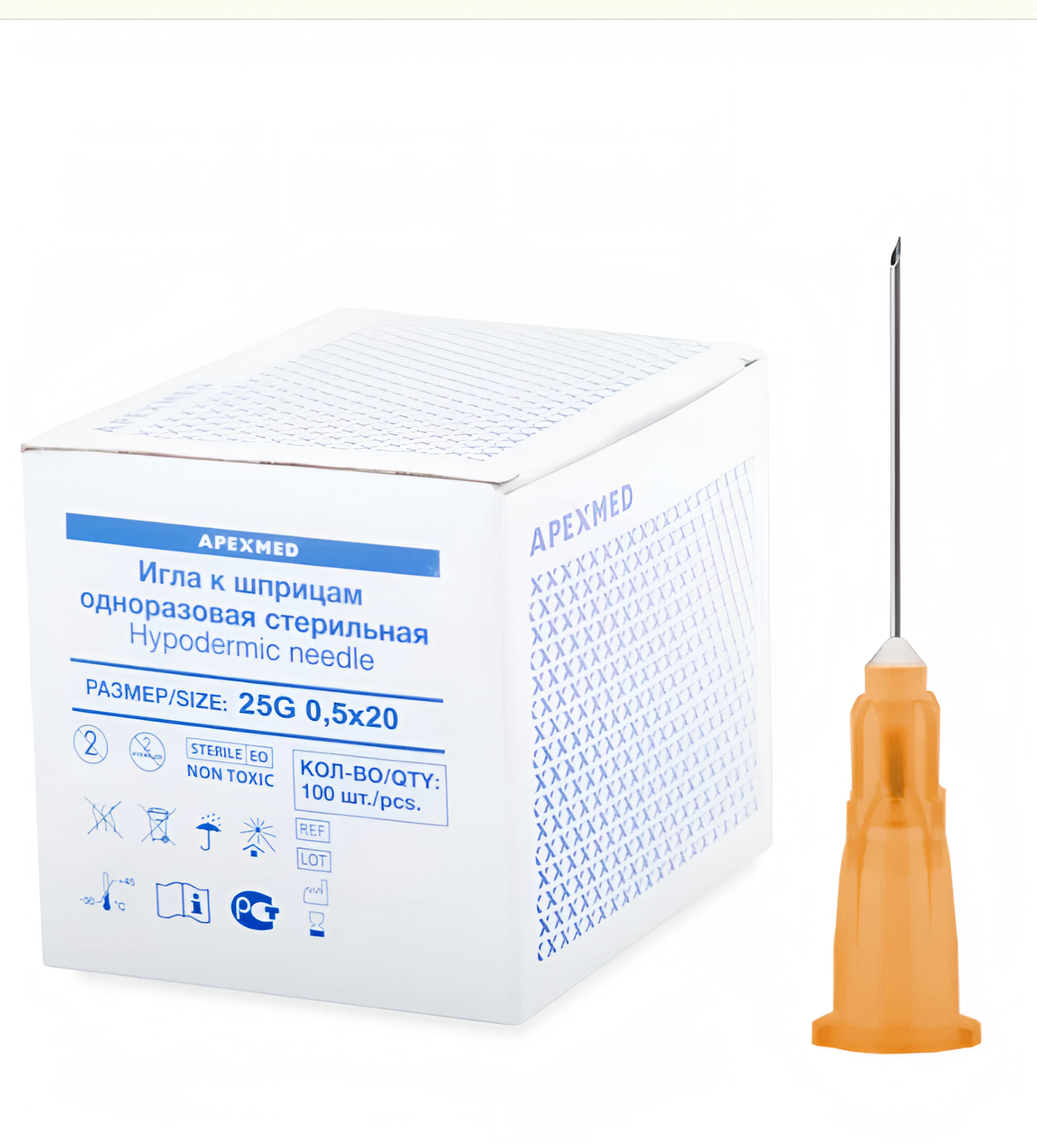 Игла инъекционная 25G, 0,5х20мм, Луер, Apexmed (уп. 100 шт)