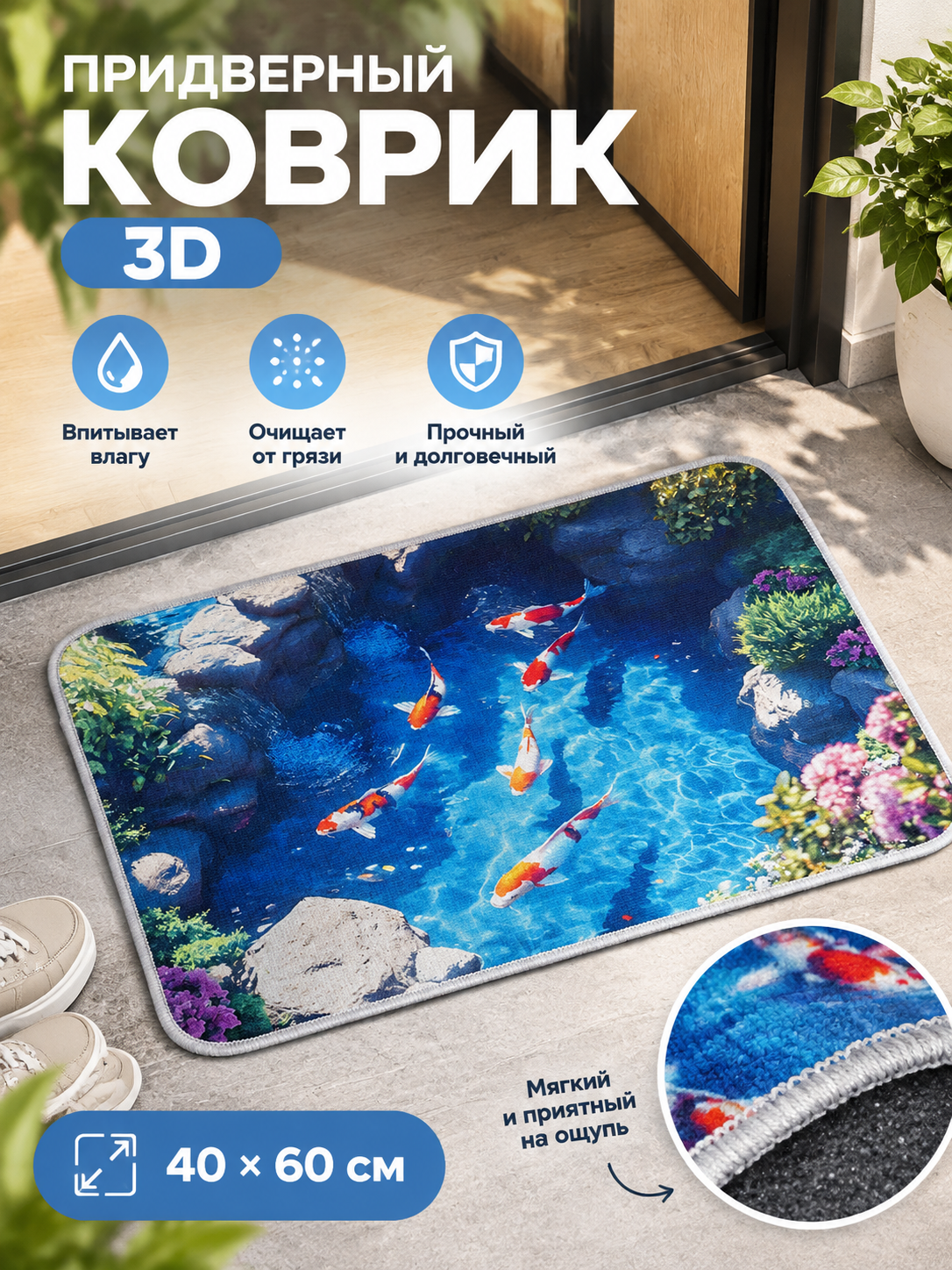 3D придверный коврик 40х60 см, входной напольный коврик для сбора грязи и пыли у двери
