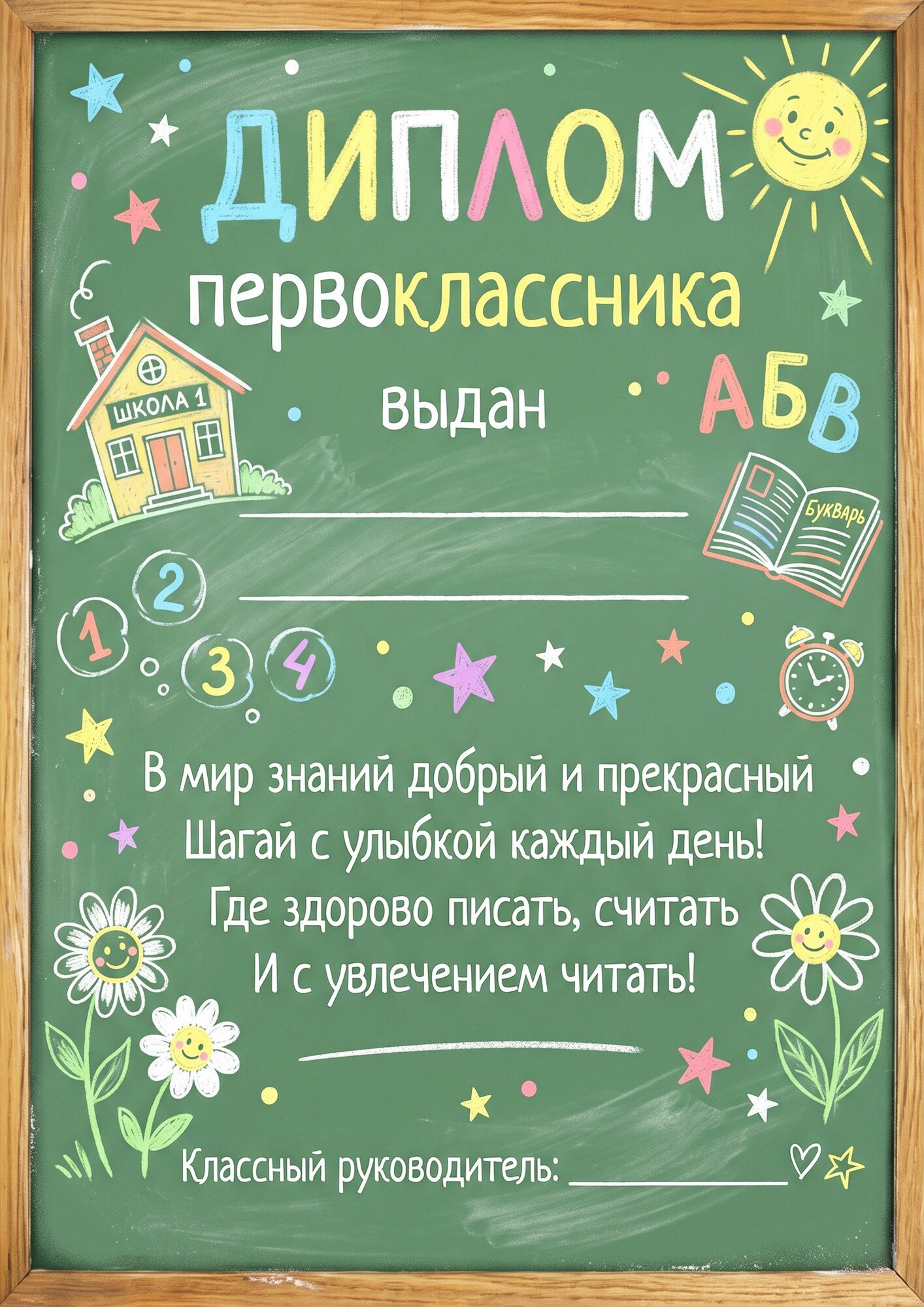 Диплом первоклассника А4 "Школьная доска" (Набор 5 шт. 230 г/м, глянец). Милая яркая грамота для мальчиков и девочек