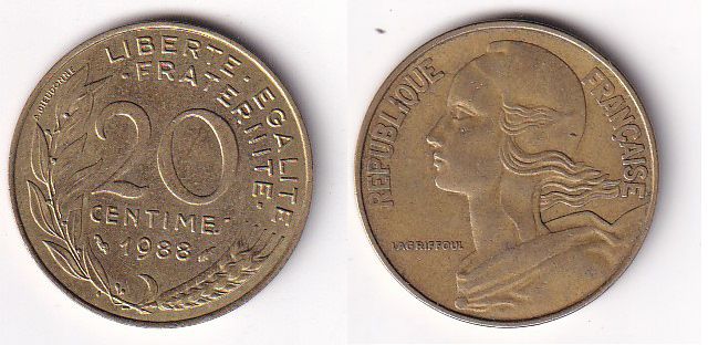 Франция 20 сантимов 1988 год