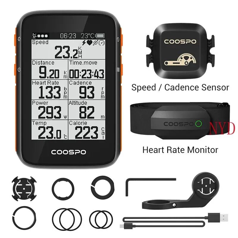 Велокомпьютер Coospo BC200, поддерживает ANT GPS Bluetoothводонепроницаемость IP67 экран 2,4 дюйма, аккумулятор емкостью 500 мАч, Русский язык, Товары включают BSC200 + H808S+BK476