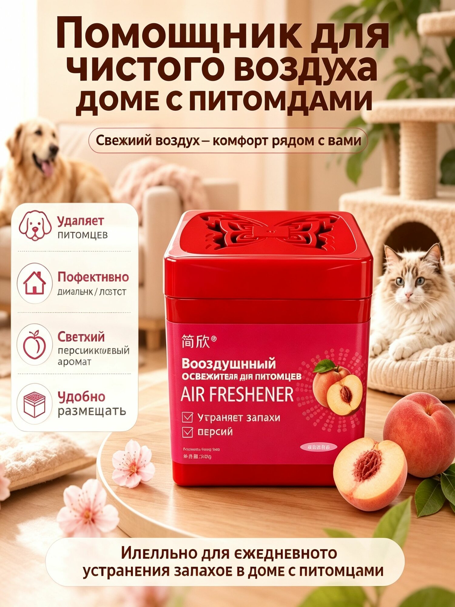 Поглотитель запахов для дома с питомцами 160 г, для кошачьего туалета и квартиры, средство против неприятных запахов