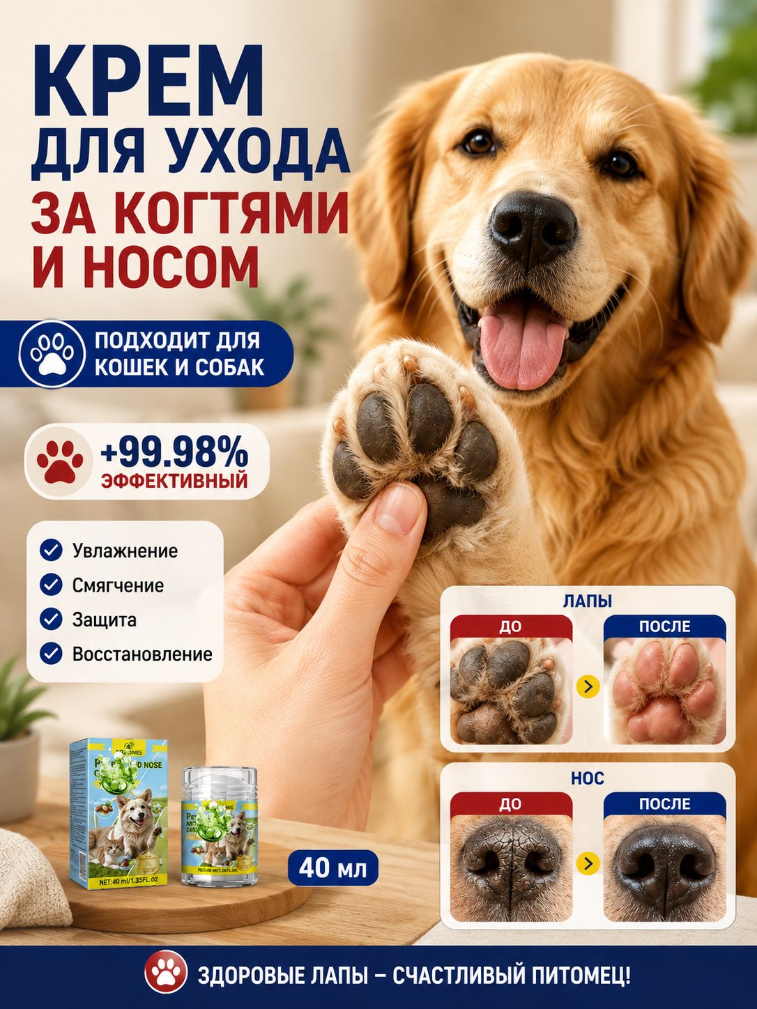 Крем - мазь для лап и носа собак и кошек, заживляющая, регенерирующая, от трещин, воск для лапок 40 мл