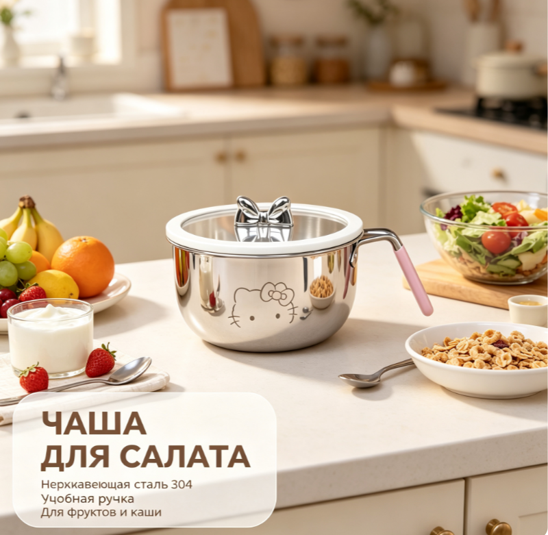 Миска для лапши из нержавеющей стали 304 с крышкой, миска для завтрака, салата, йогурта и хлопьев, милый принт