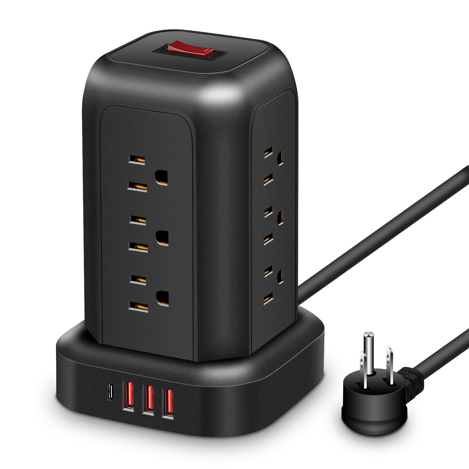 Блок розеток с удлинителем на 12 гнезд, 3 порта USB и Type-C, защита от перегрузки, кабель 1,5 м, цвет черный