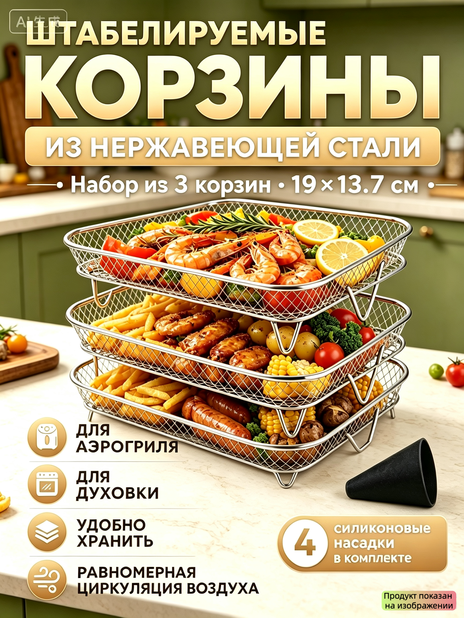 Аксессуары для фритюрницы из 3 предметов, подходит для приготовления барбекю, духовки, прямоугольник, 19 x 13.7 cm