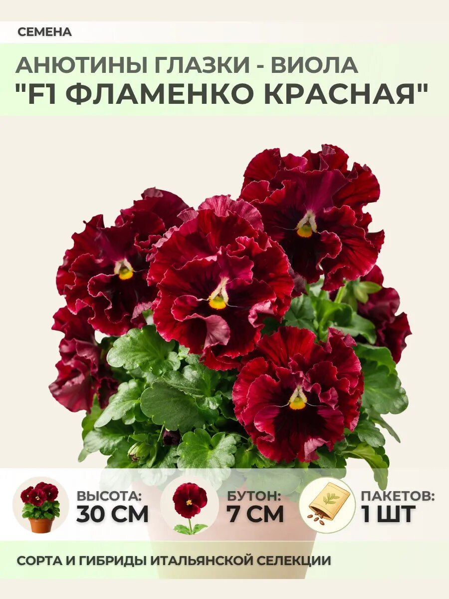 Виола "Фламенко Красная" F1, махровые вишнёво-красные цветки, крупноцветковый гибрид, 1 упаковка, 7 шт. семян.