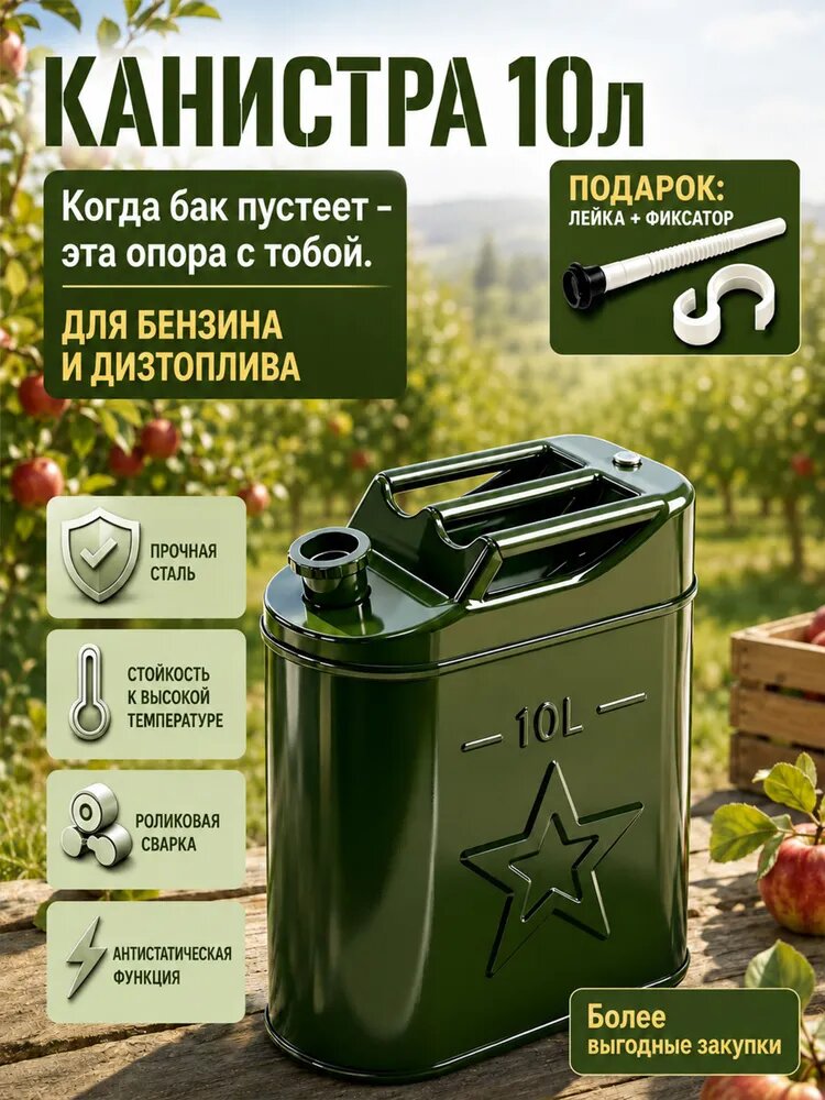 Канистра для бензина 10 л металлическая, в комплекте с крышкой и лейкой