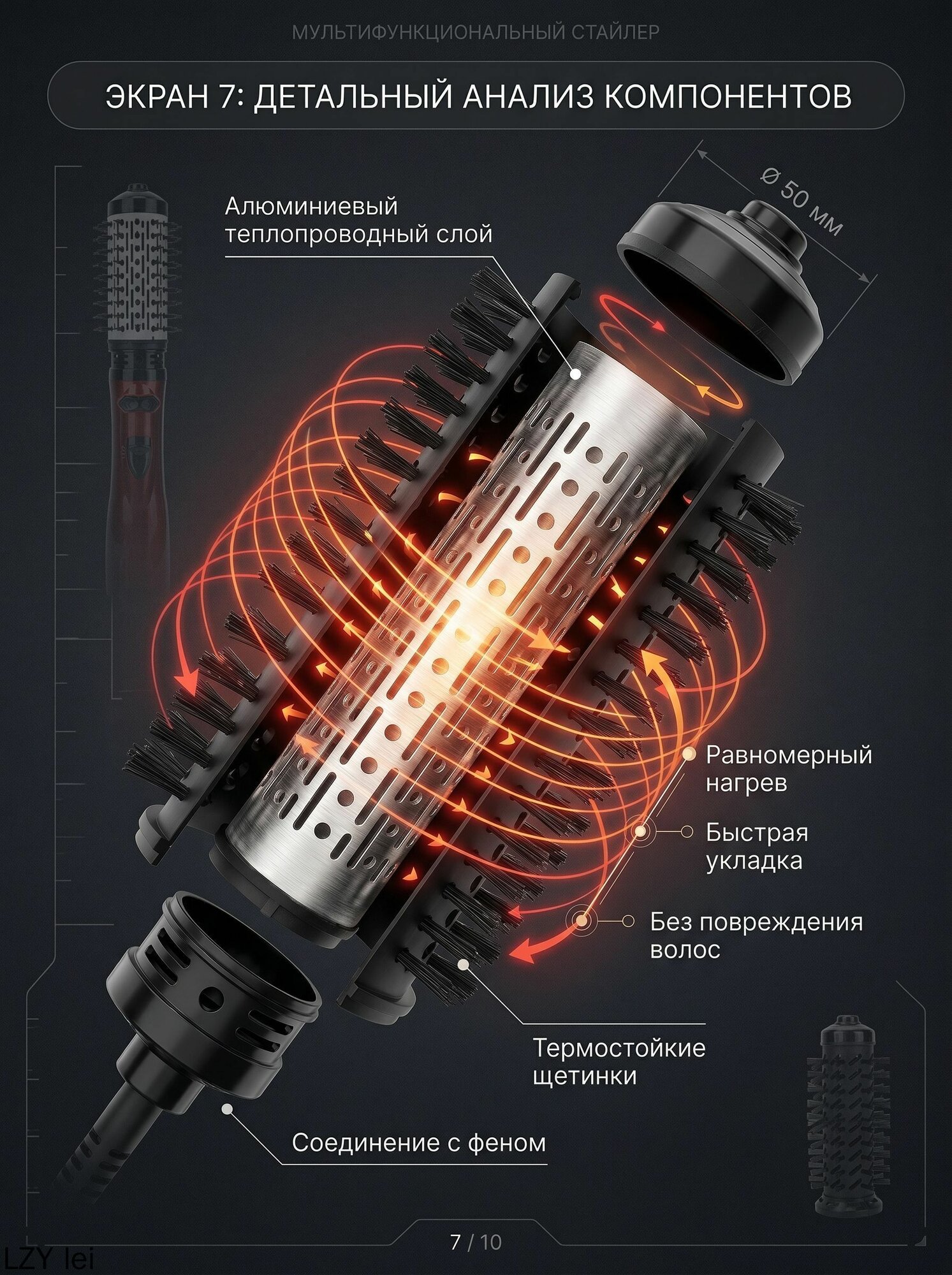 Фен-щетка с вращением для волос /Автоматическая вращающаяся фен-расческа/Горячий воздух Укладка и объем