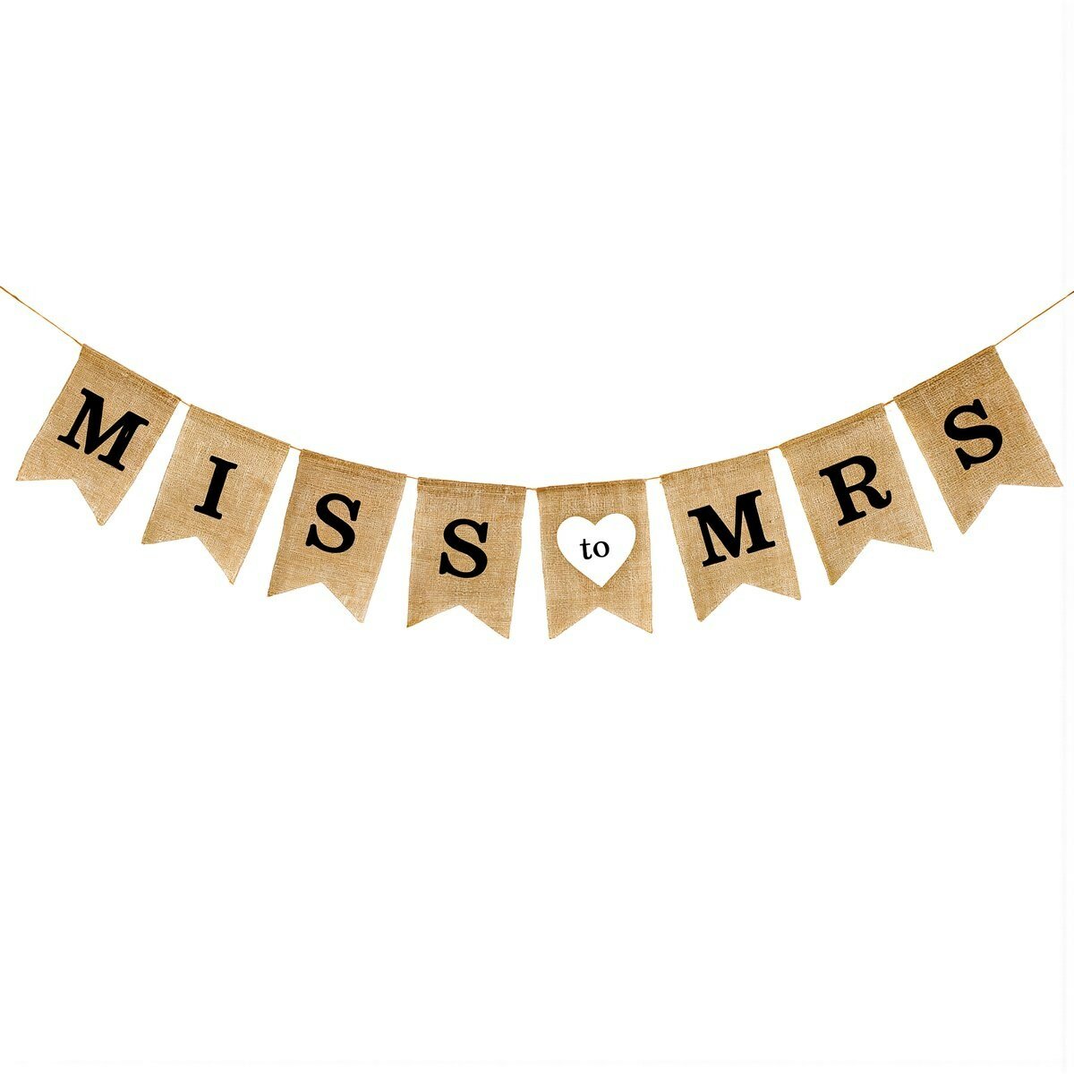 Гирлянда изо льна с надписью Miss to Mrs для декора девичника свадьбы праздничного интерьера зоны фотосъемки, DFC02 Флаг-шнур с белым сердечком и надписью MISS TO MRS