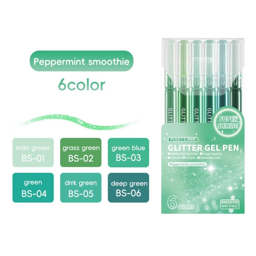 Гелевые ручки с блестками Morandi 6 цветов Изумрудный, Smooth Mint Tones