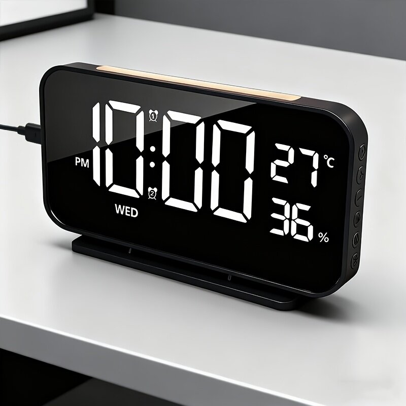 Цифровые LED-часы с большим экраном, отображение температуры, влажности и даты, формат 12/24 ч, двойной будильник, функция отключения, регулировка яркости в 3 уровня, белый цвет