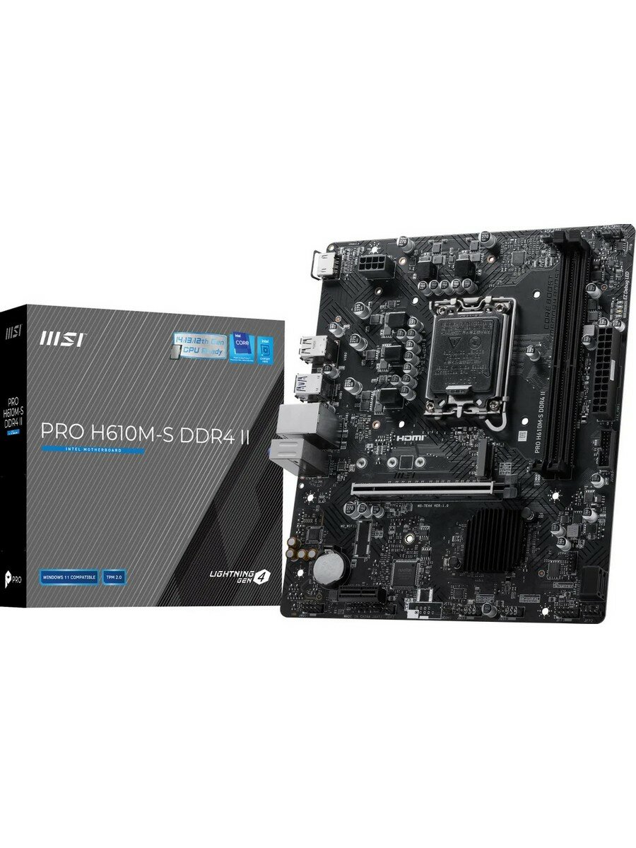 Материнская плата MSI PRO H610M-S DDR4 II (LGA1700, mATX, H610, 2xDDR4, 1xPCI-Ex16, 1xM.2, HDMI, RTL) (PRO H610M-S DDR4 II)