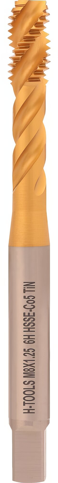 Машинный метчик с винтовой канавкой H-Tools М8 шаг 1.25 DIN371 HSSE-TiN 513X01-C2-0080
