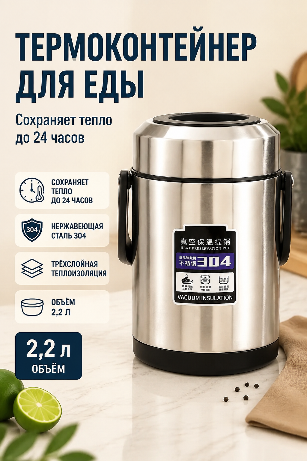 Термоконтейнер для еды 2,2 л с сохранением тепла до 24 часов
