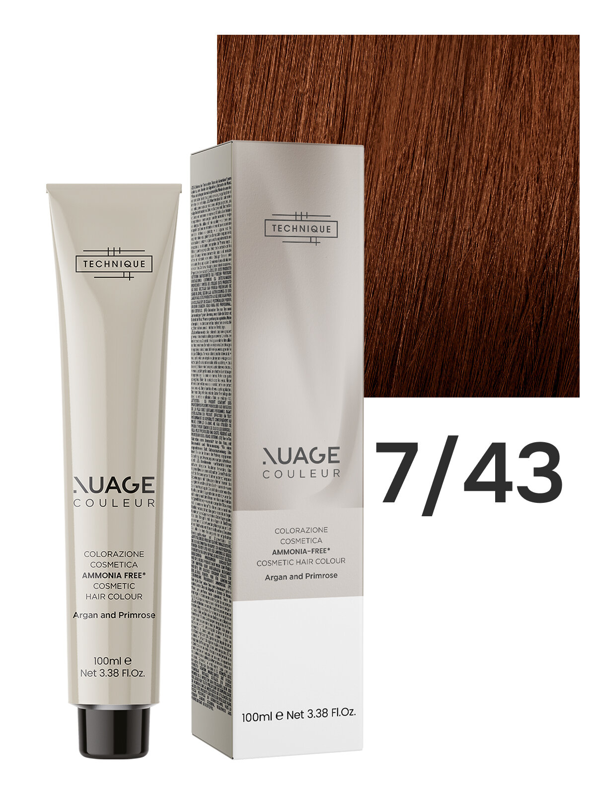 Крем - краска для волос профессиональная без аммиака Technique Nuage Ammonia Free Hair Color Cream 7.43 Русый Медно-золотистый, 100 мл