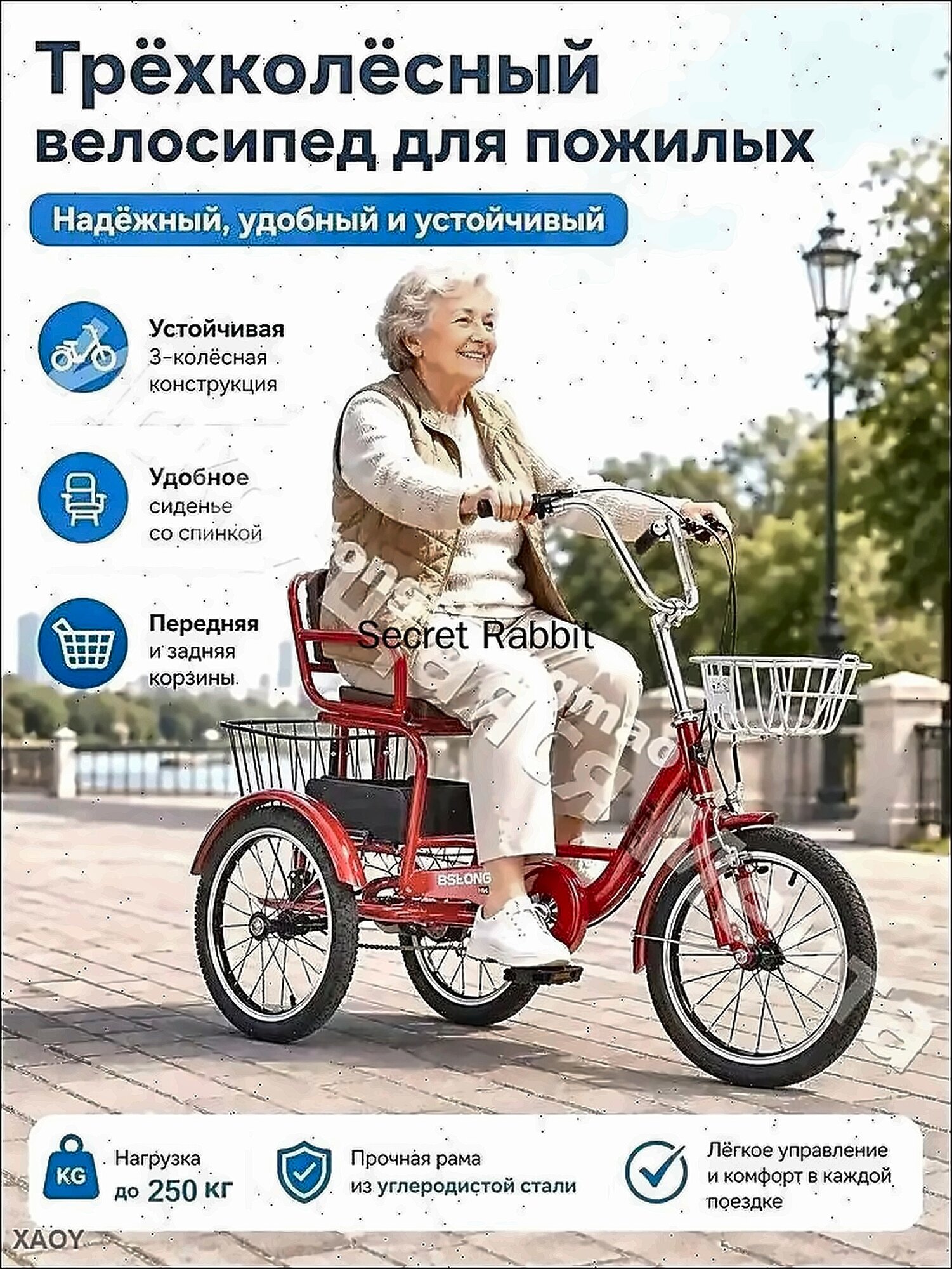 Велосипед Трехколесный, для взрослых женский, сталь, фрирайд