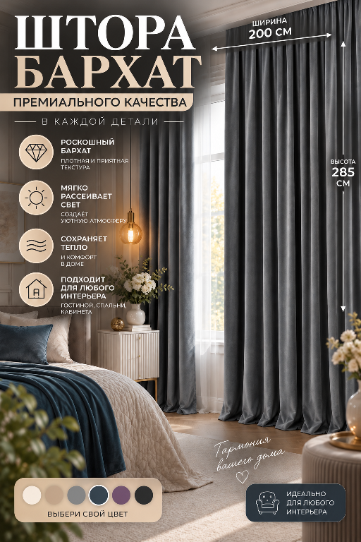 Штора бархат " Графитовый-серый" 200х285 см, на шторной ленте