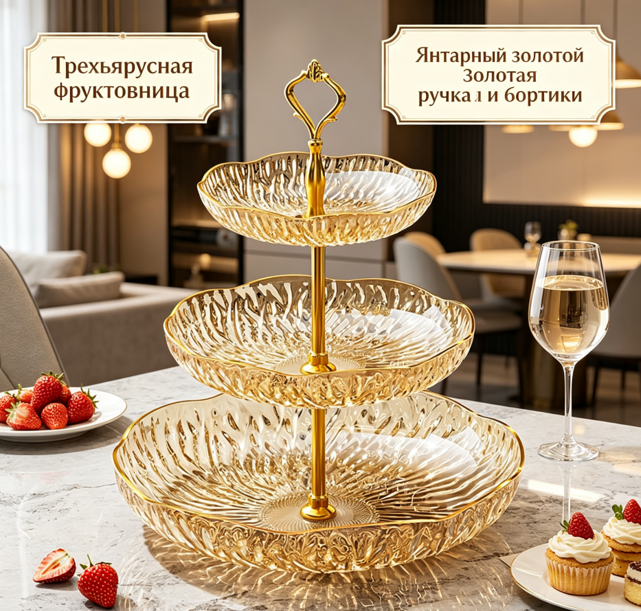 Трехъярусная фруктовница, роскошная подставка для фруктов, конфет и выпечки, для дома，В комплекте 6 вилок
