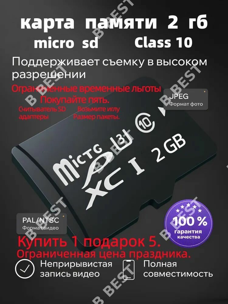 Эксклюзивная карта памяти Micro SD объемом 2 ГБ, Class 10, в черном цвете, приобретается с подарком