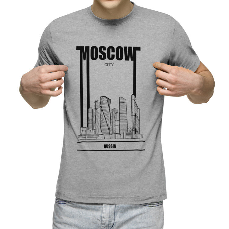 Мужская футболка «Москва сити. Moscow city. Россия. Russia» (серый меланж, L)
