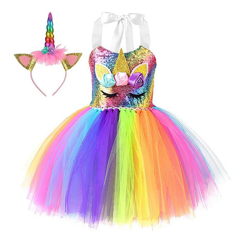 Платье принцессы с единорогом для девочек, блестящая детская мультяшная одежда со светодиодными светящимися крыльями, повязка на голову, костюм для сцены, Хэллоуина