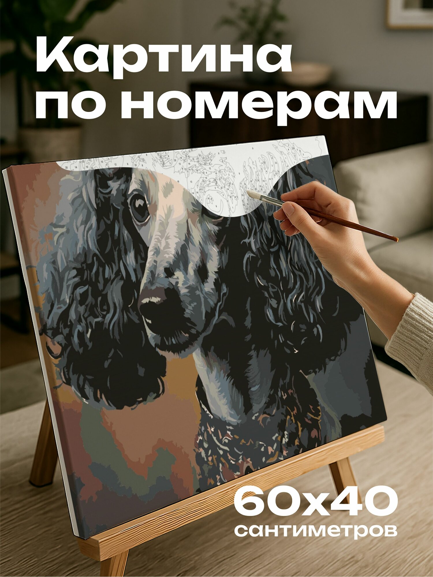 Картина по номерам 60x40 см, пудель, масляная картина, ожерелье, портретный стиль, теплые тона, детализация, грация