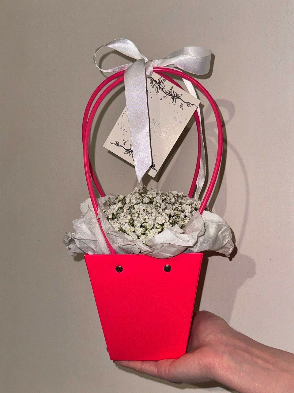 Композиция "Облако Любви", белая гипсофила, в сумочке, на 14 февраля, 8 марта с открыткой