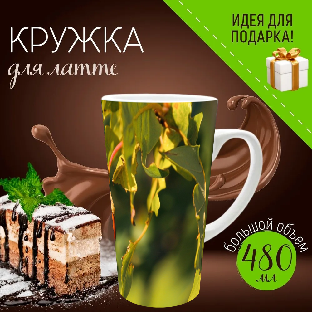 Кружка латте керамическая большая для чая и кофе с прикольным принтом "Желуди, жёлудь, дубовые листья" 500 мл.