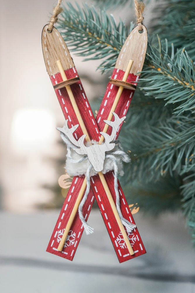 Ёлочная игрушка весёлые лыжи, дерево, красные, 17 см, Koopman International DH8040000-2