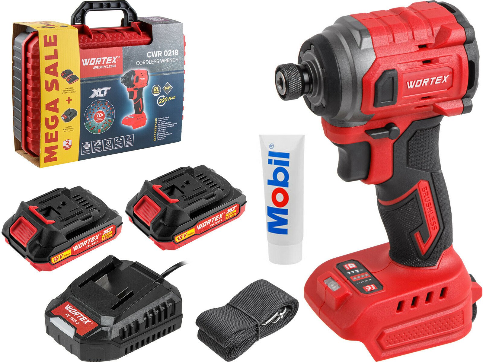 Винтоверт аккумуляторный ударный гайковерт WORTEX CWR 0218 XLT, с 2 АКБ и ЗУ, бесщеточный