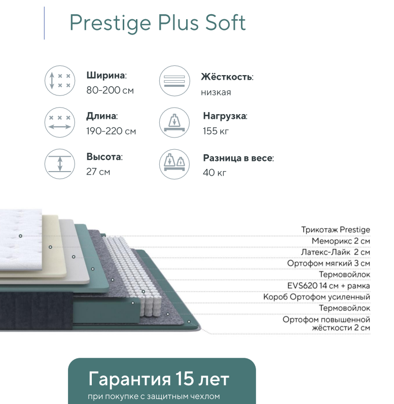 Матрас 140х200 PROxSON Prestige Plus Soft Steel низкой жесткости, анатомический, пружинный