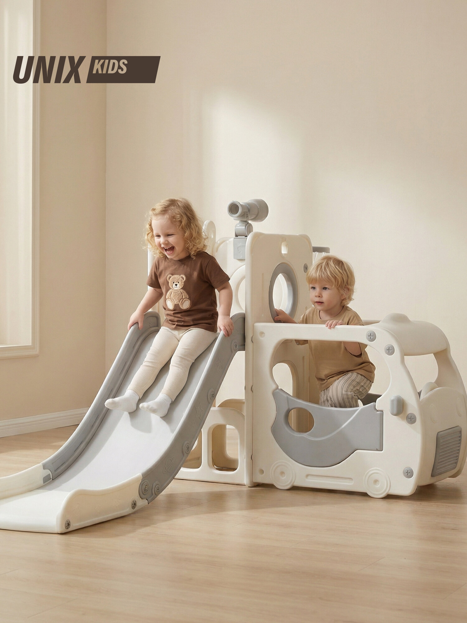 Горка детская с машинкой и баскетбольным кольцом UNIX Kids Super Bus Grey, игровой комплекс для дома, улицы, дачи