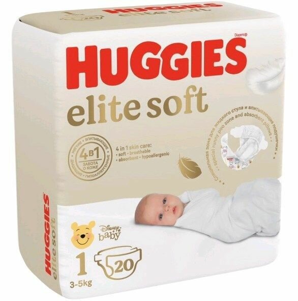 Подгузники Huggies "Elite Soft", 4 в 1, 1, 3-5 кг, 20 шт