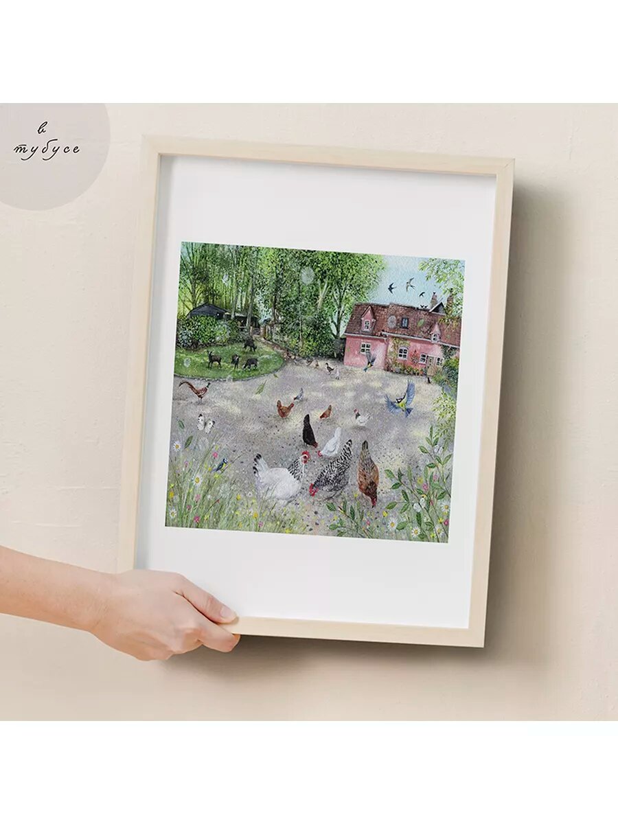 Летний пейзаж курицы дача деревня, 30 x 40 см, материал бумага, без рамы